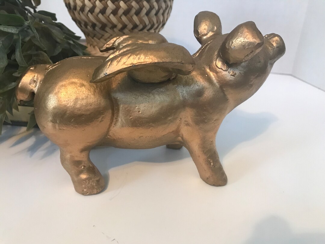 Metal Pig Figurine, Cast Metal Pig, Gold Metal Pig With Wings, Gold Pig ...