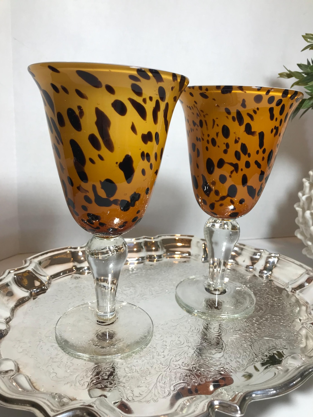 Vintage Blown Glass Leopard Design Wine Goblets, Vintage Large Amber ...