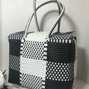 Vintage Black and White Plastic Woven Tote Purse, Vintage Plaid Pattern ...