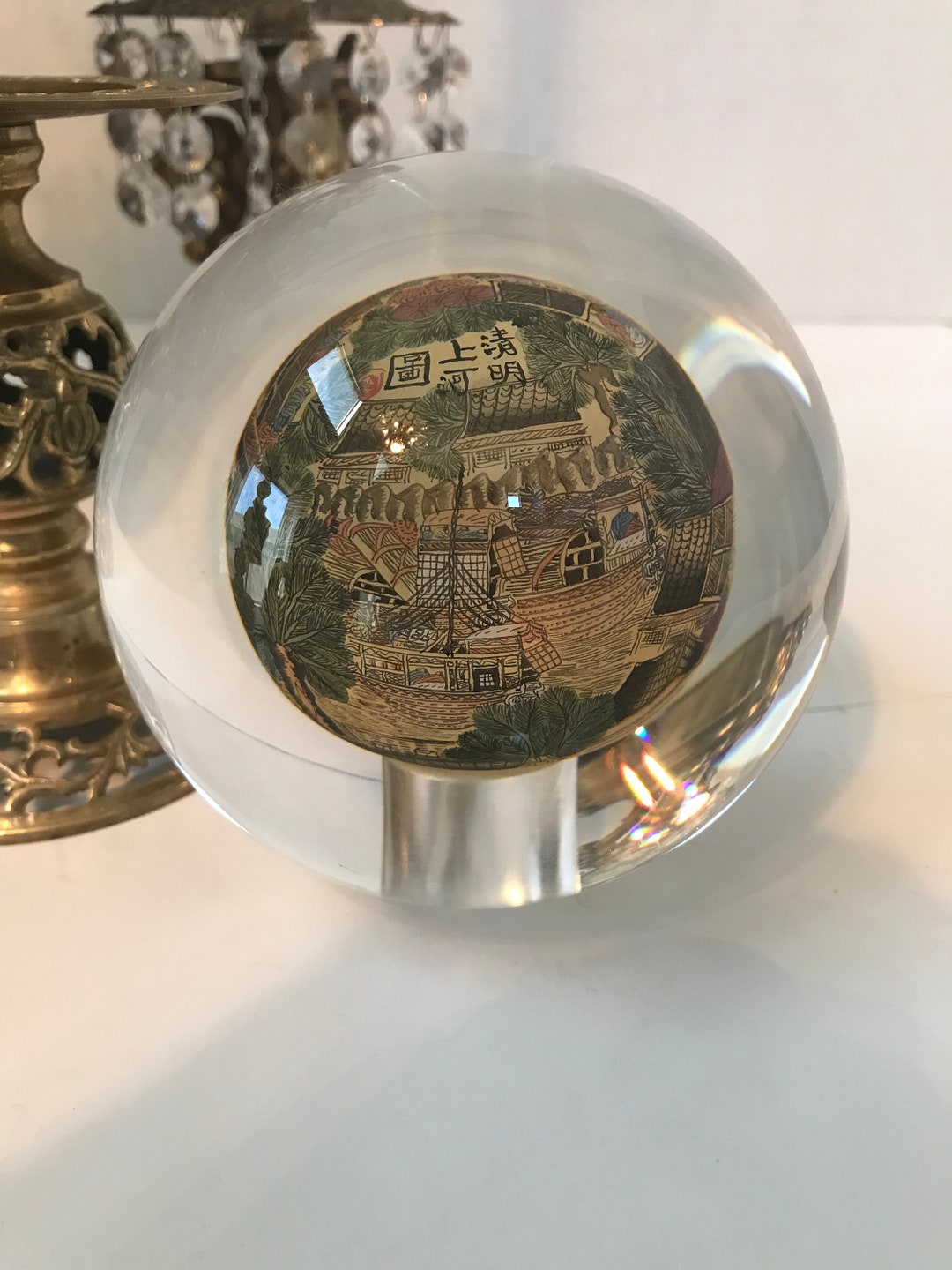 Vintage Chinoiserie Glass Paperweight, Vtg Reverse Painted Asian ...