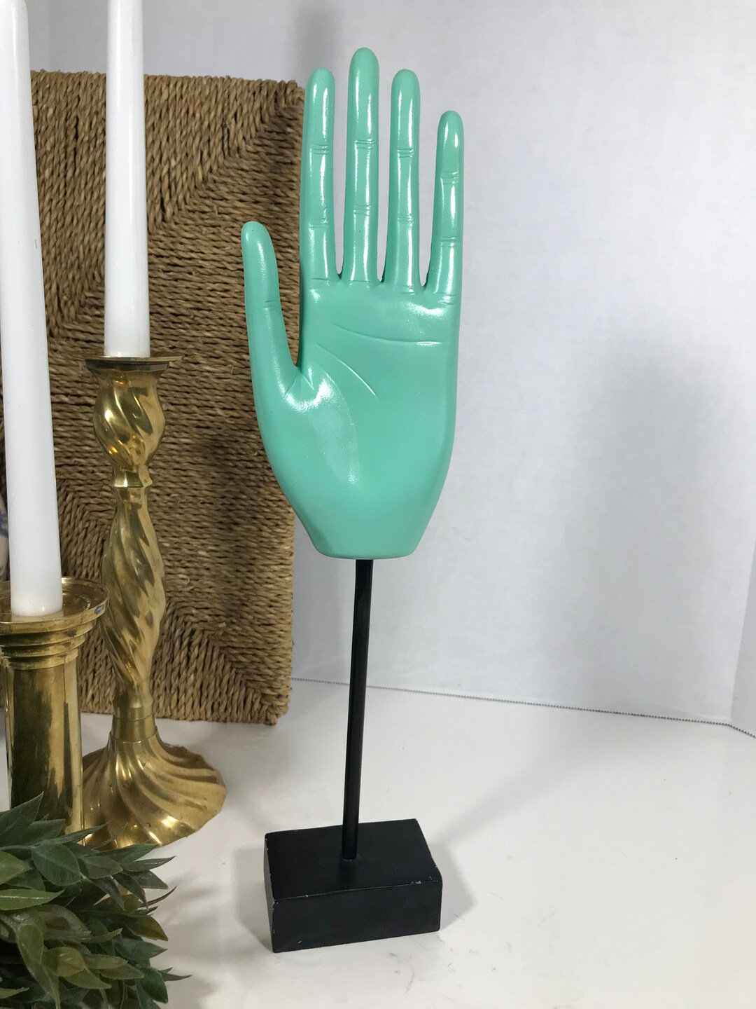 Blue Hand Sculpture on Black Base, Tall Modern Turquoise Blue Hand ...