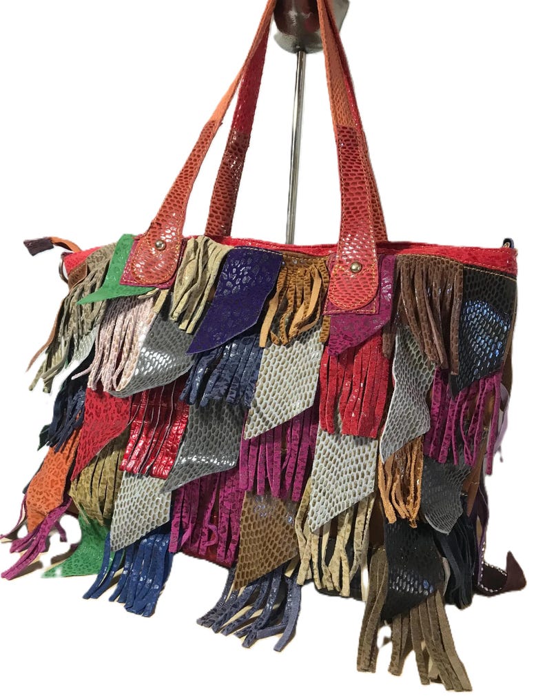 Vintage Colorful Pieced Leather Purse, Unique Vibrant Fringed Leather ...