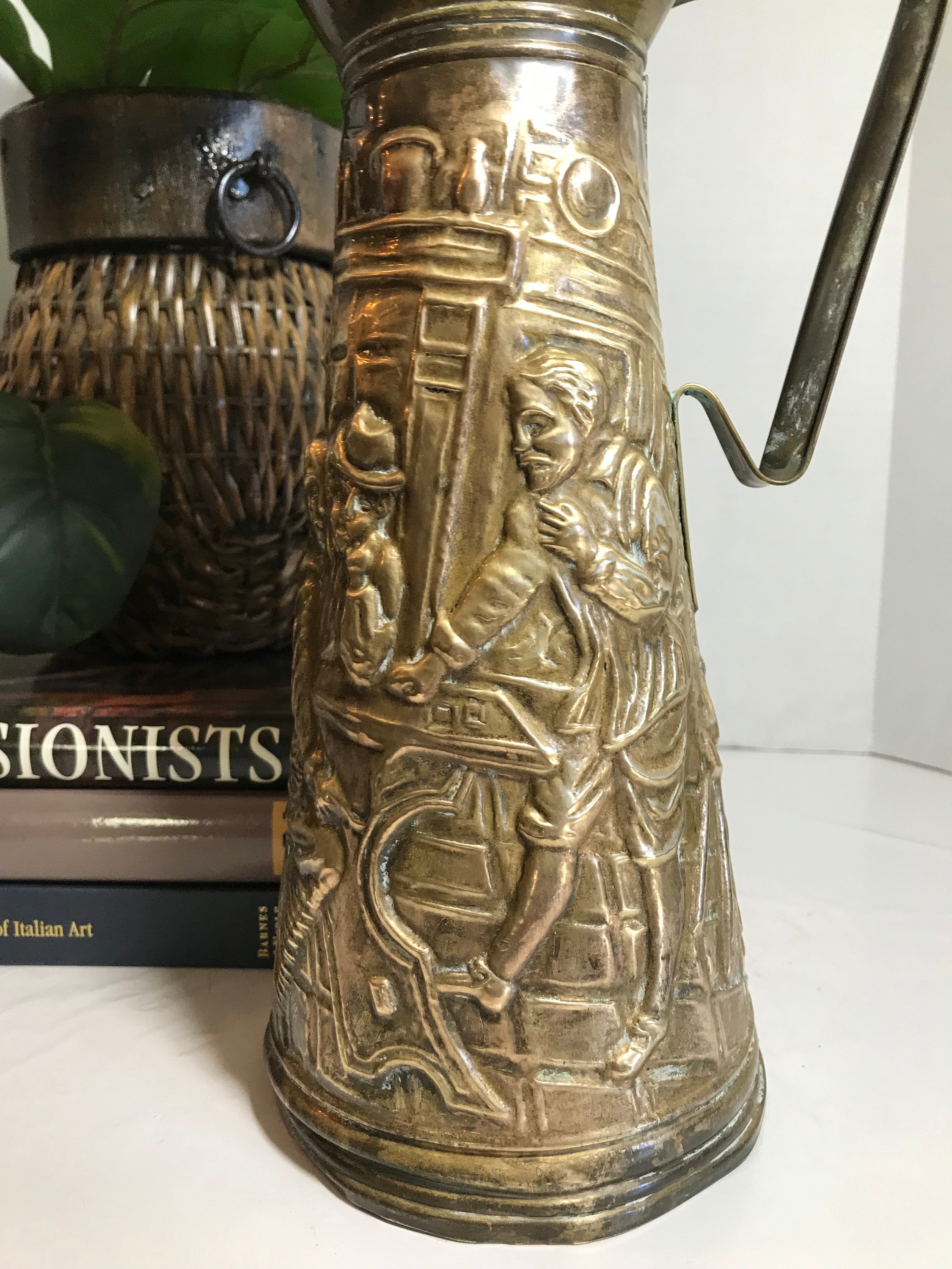 Vintage Brass Pitcher, Vintage Brass Relief Style Design Ornate Vase ...