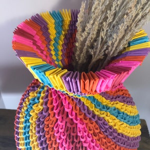 Origami Handmade Paper Vibrant Neon Rainbow Vase, One-of-a-kind Origami ...