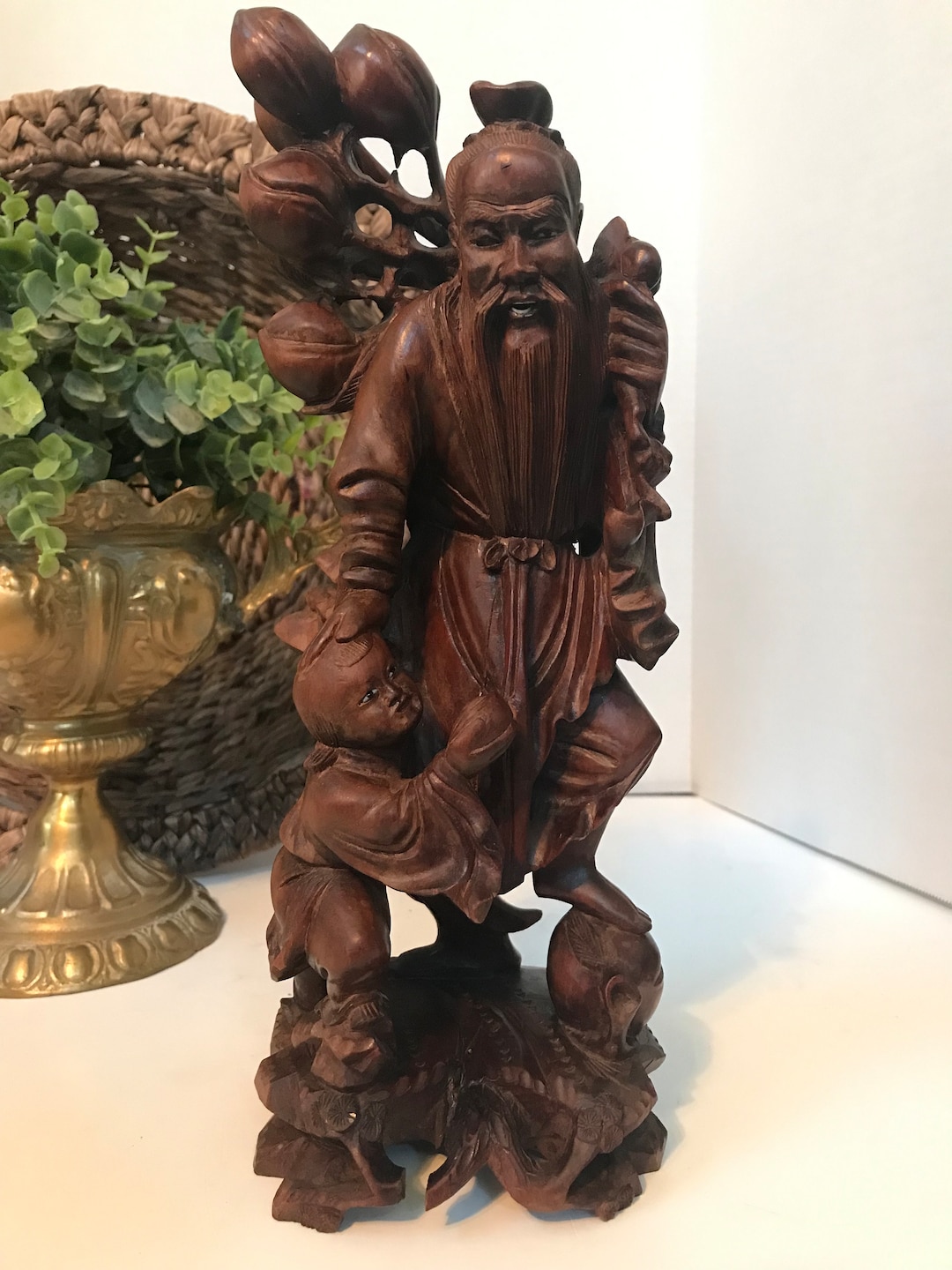 Vintage Asian Statue, Vtg Chinese Hand Carved Statue, Chinoiserie Wood ...