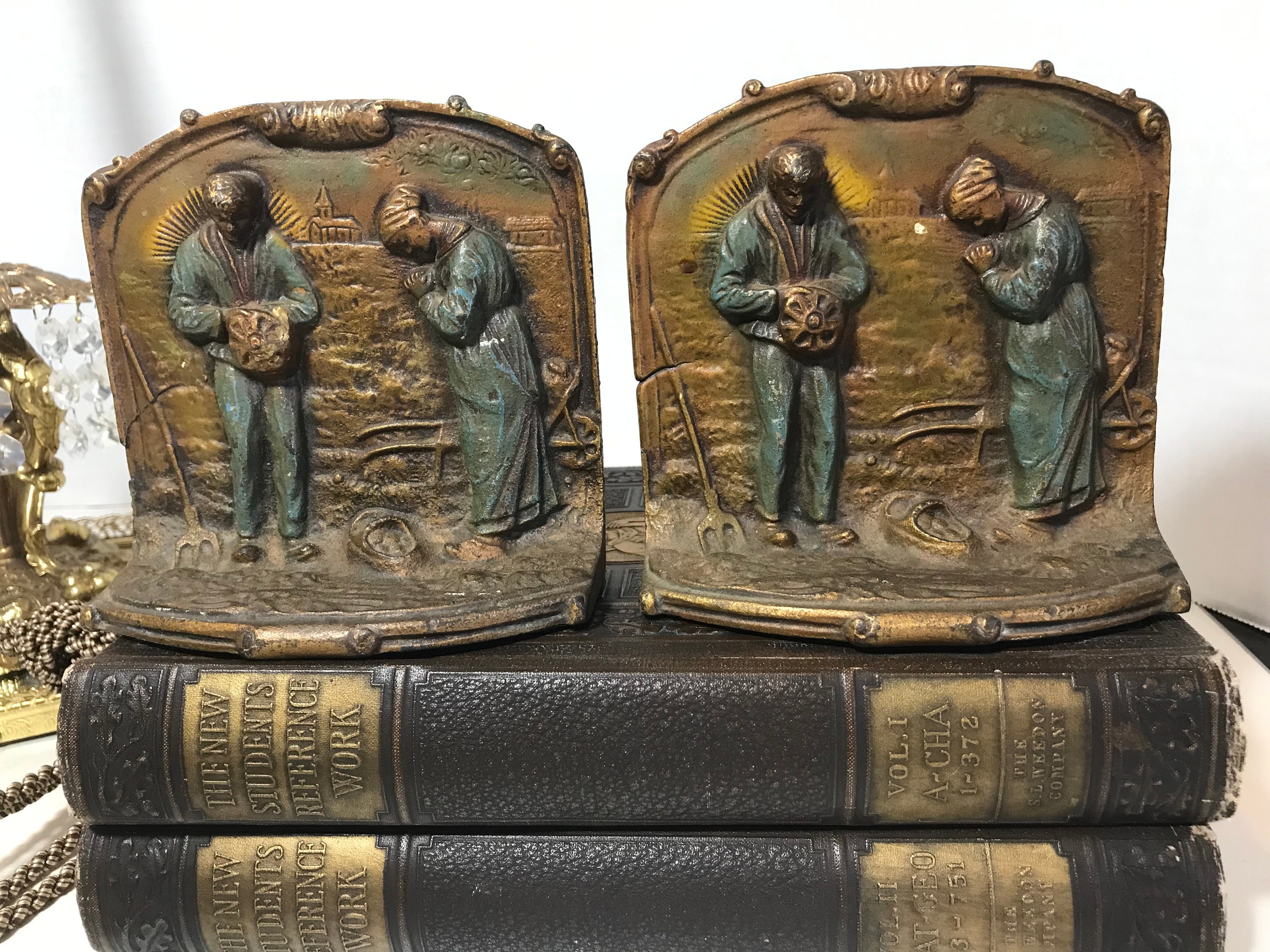 Antique Bronze Bookends, Antique Relief Design Bronze Bookends, Vintage ...
