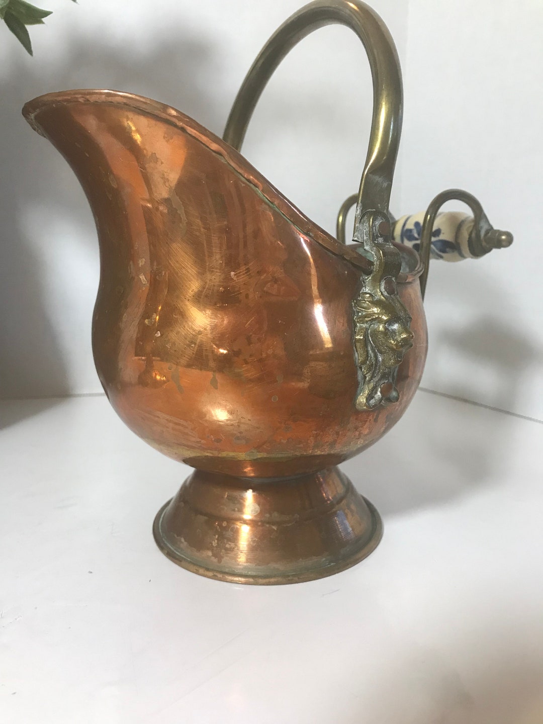 Vintage Copper Dutch Helmet Scuttle Bucket, Vtg Aged Copper Coal Bucket ...