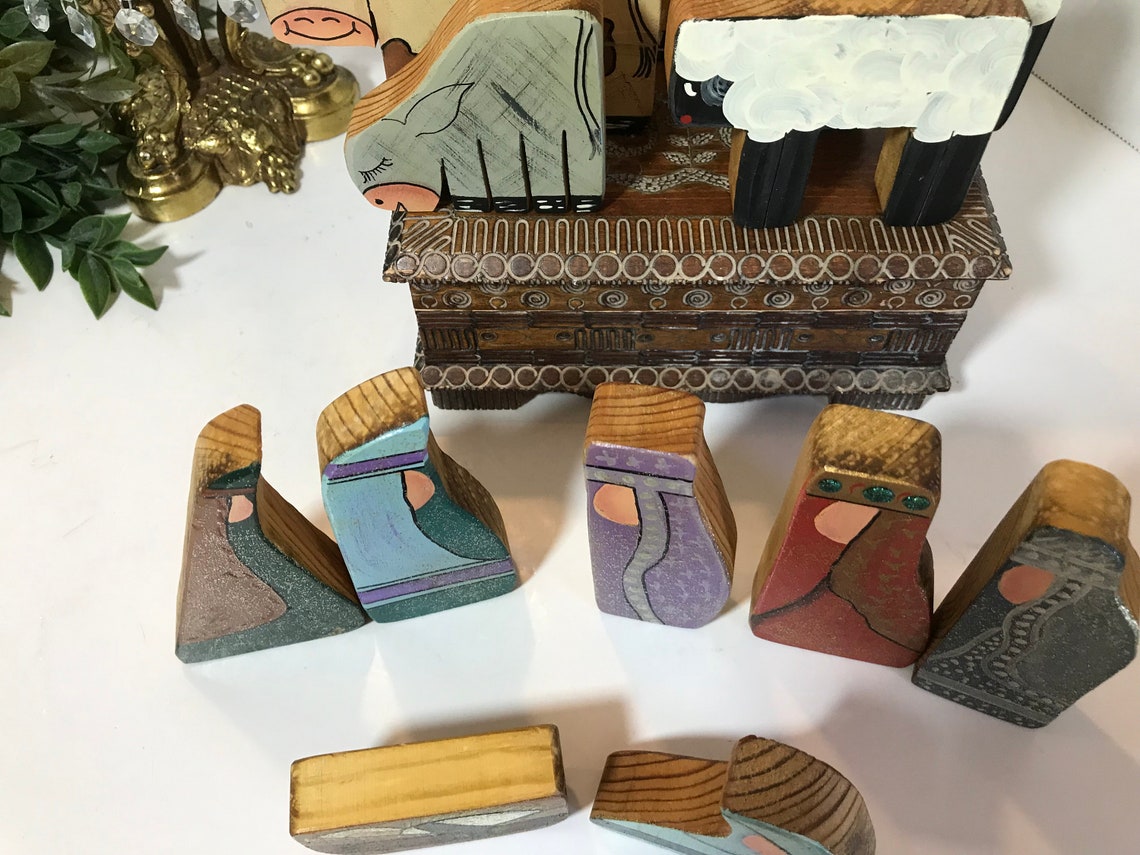 Vintage Wood Block Nativity Set, Vtg Hand Painted Block Style Nativity ...