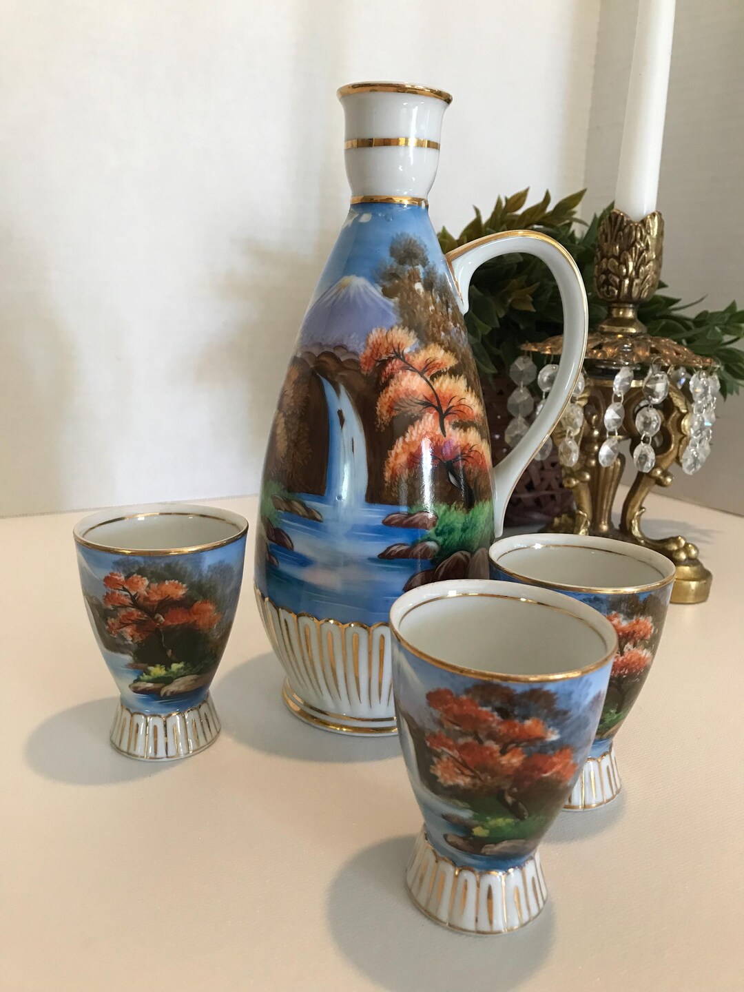 Vintage Lena Liu Hand Painted Decanter and Cups, Vintage Hand Painted ...