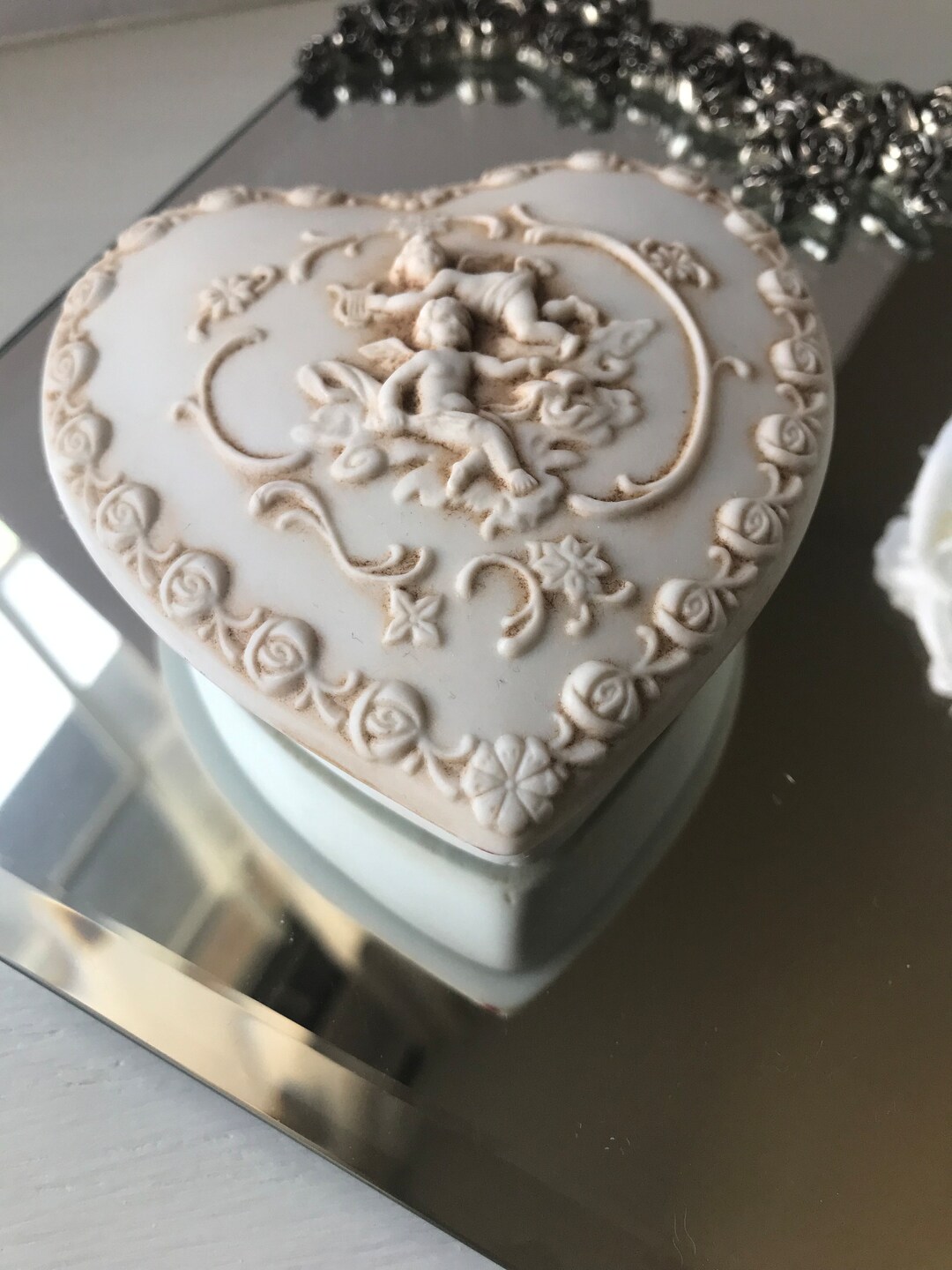 Vintage Lefton Bisque Ceramic Cherub Topped Heart Shape Trinket Box ...