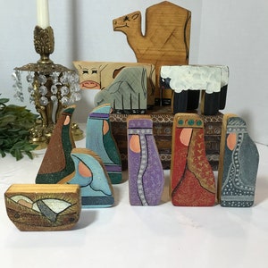 Vintage Wood Block Nativity Set, Vtg Hand Painted Block Style Nativity ...