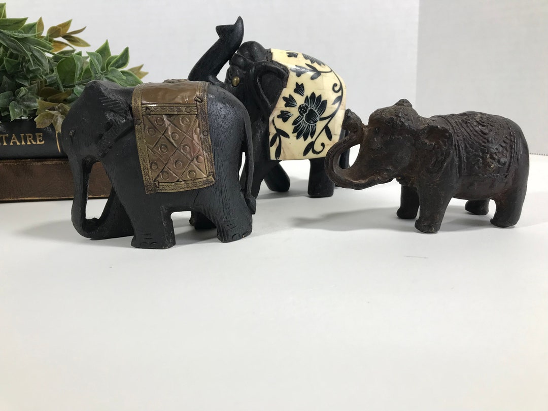 Vintage Boho Elephant Set, Boho Elephant Figurines, Vintage Wood, Bone ...