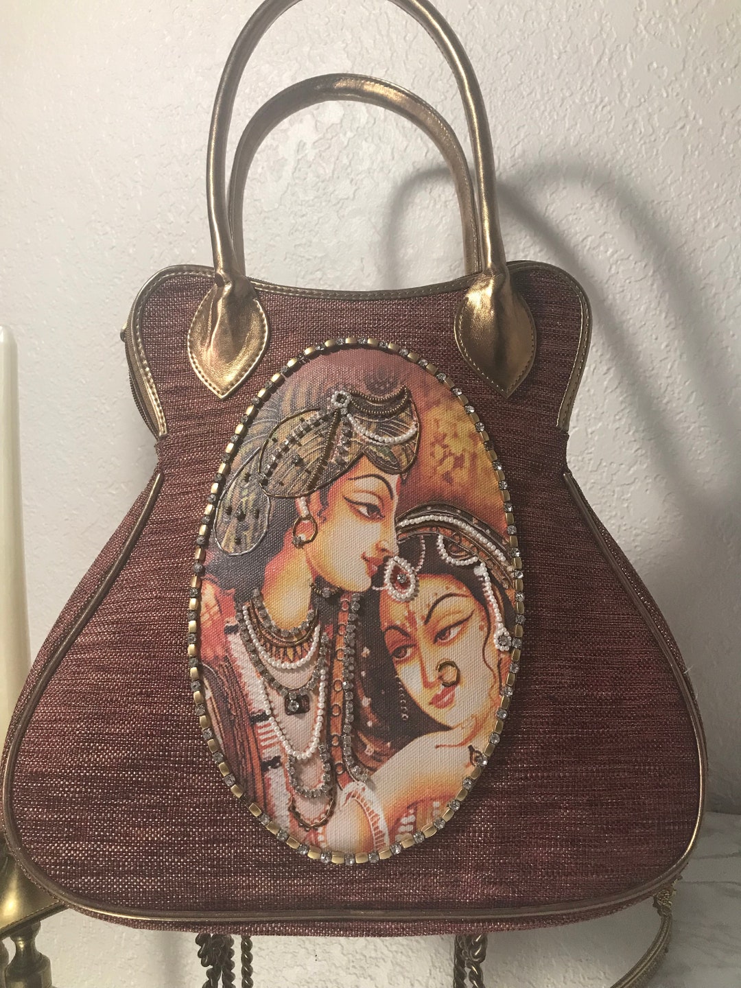 Vintage Guitar Shaped Tweed Look Purse With Image of Two Jeweled Women ...
