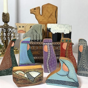 Vintage Wood Block Nativity Set, Vtg Hand Painted Block Style Nativity ...