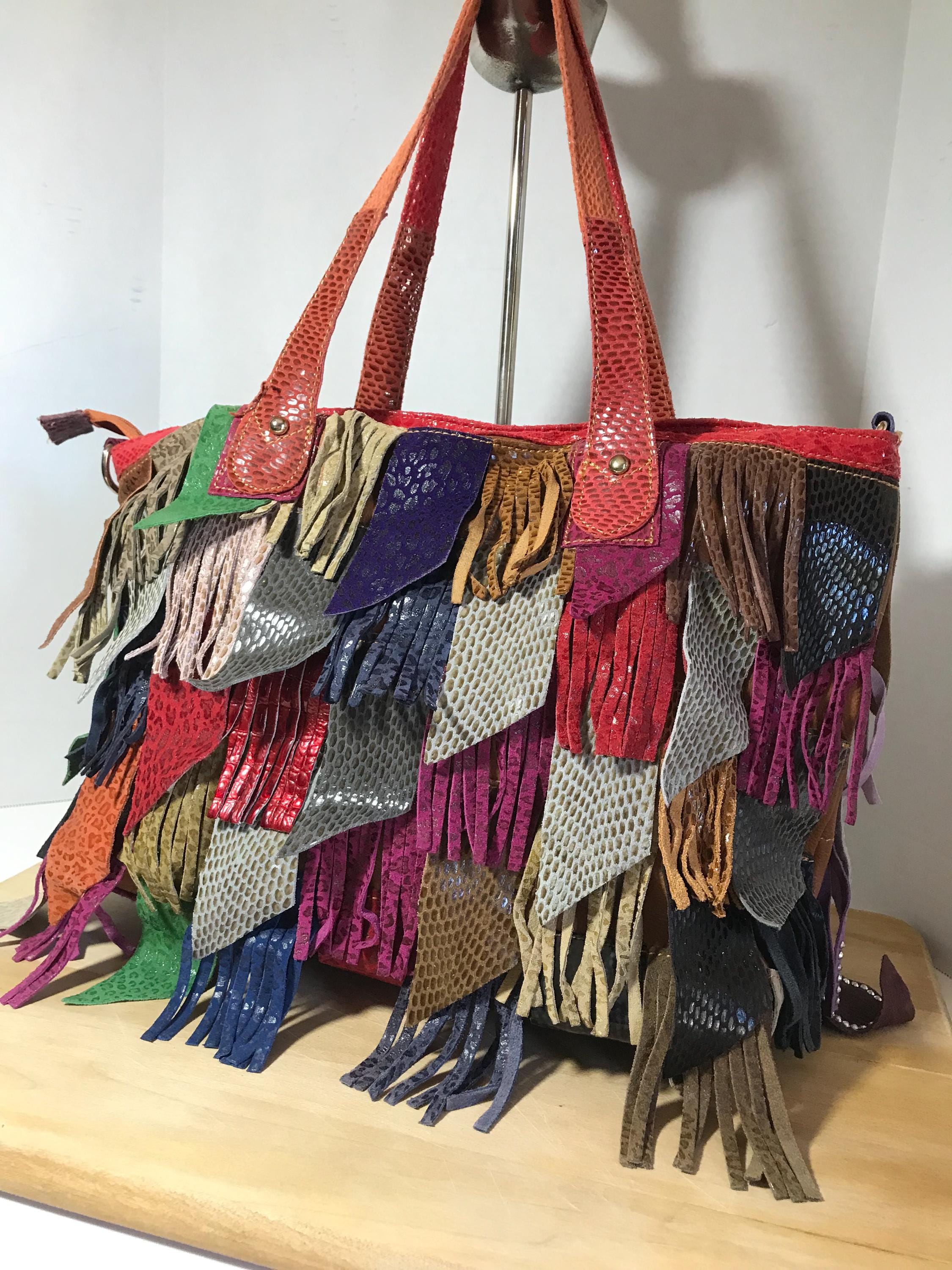 Vintage Colorful Pieced Leather Purse, Unique Vibrant Fringed Leather ...
