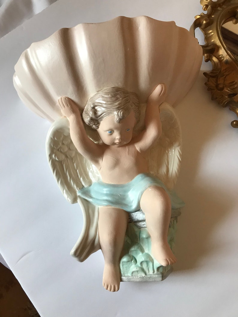 Vintage Hand Painted Chalkware Wall Pocket With Cherub, Vintage ...