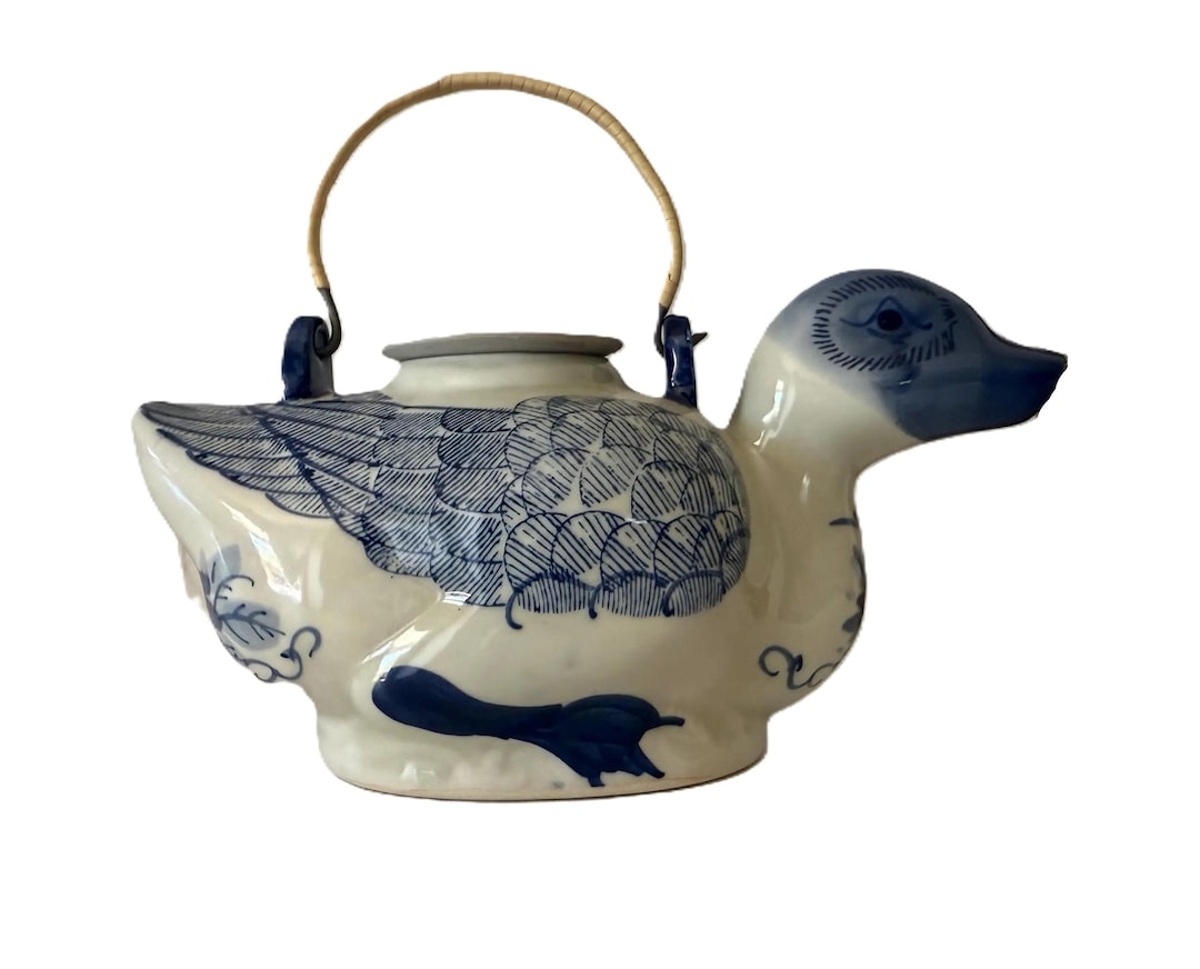 Vintage Chinese Blue & White Duck Teapot, Hand Painted Ceramic Figural ...