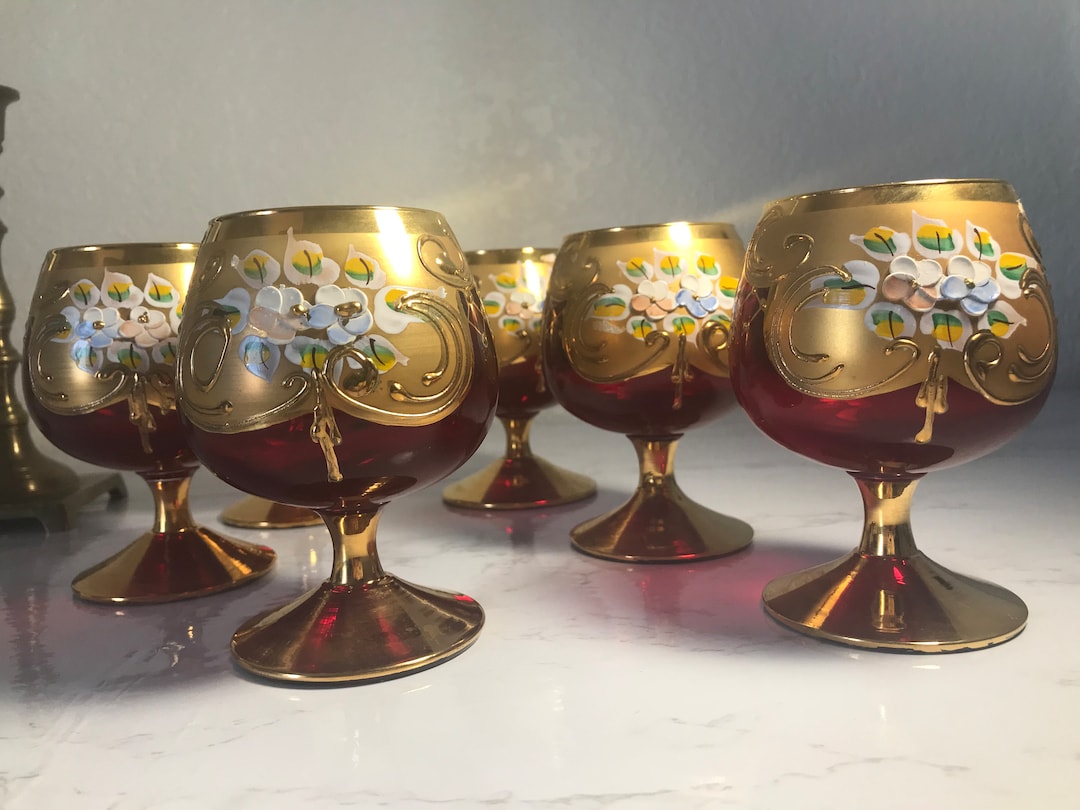 Vintage Czech Bohemian Red Goblets Raised Enamel, Bohemian Red Brandy ...