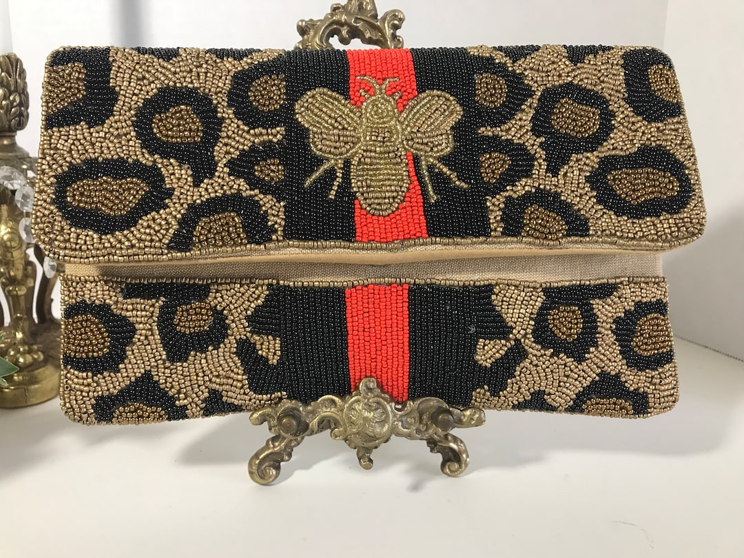 Beaded Leopard Print Clutch Purse, Beaded Bee and Leopard Handbag Purse ...