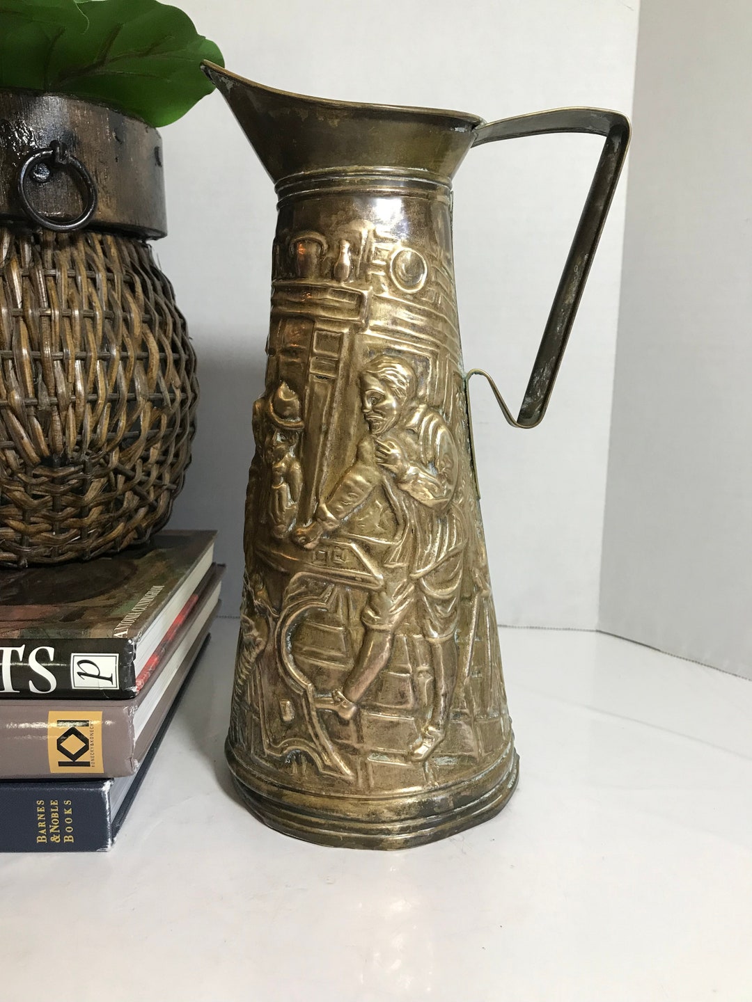 Vintage Brass Pitcher, Vintage Brass Relief Style Design Ornate Vase ...