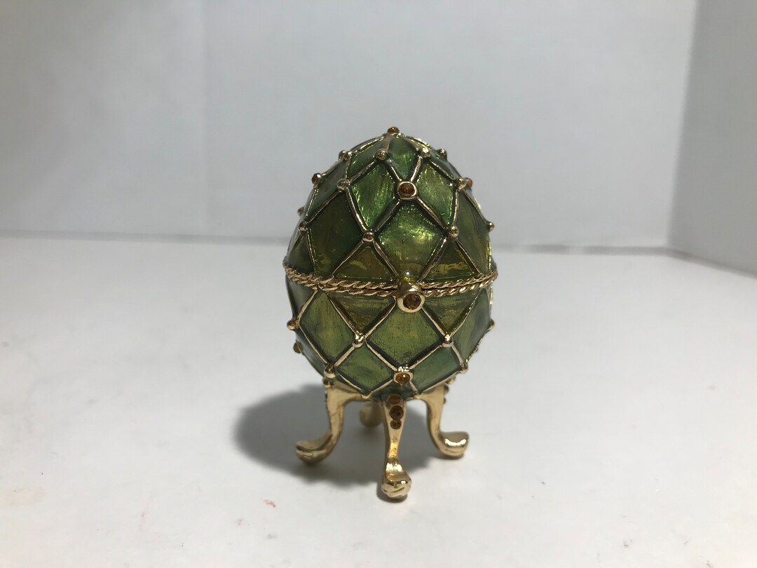 Vintage Monet Egg Shaped Green Enamel and Gold Jeweled Accents Trinket ...
