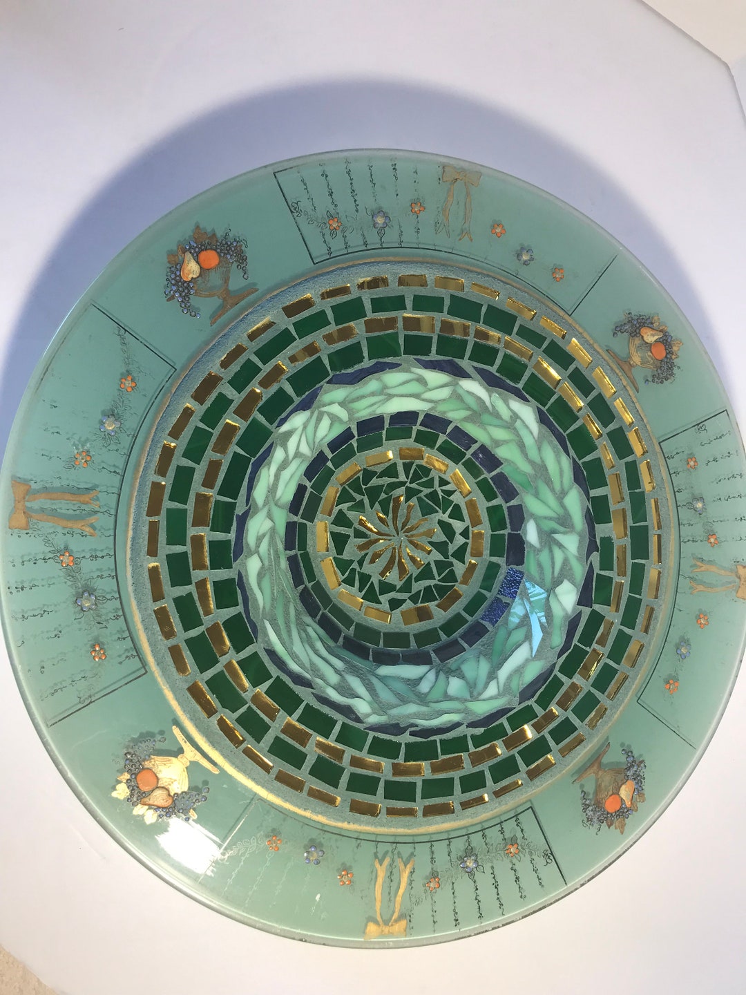 Vintage Unique Hand Painted Frosted Green Glass Bowl With Glass Mosaic Center, Vintage Hand ...