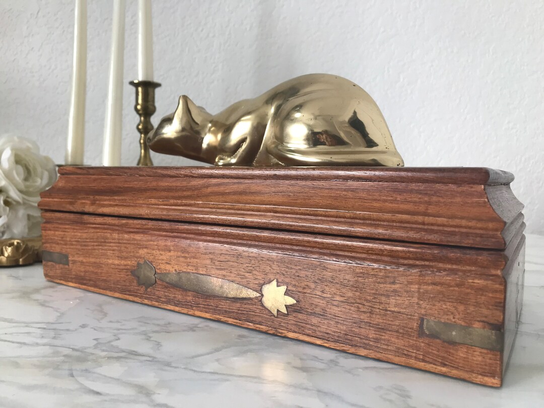 Vintage Large Desk Box Wood Brass Hinged Box Brass Cat Table Decor High ...