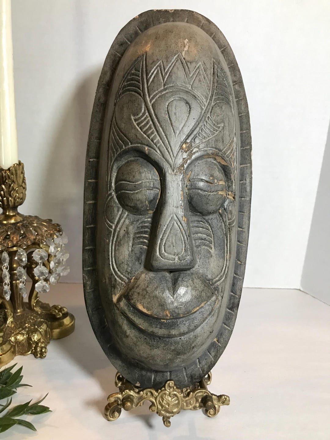 Vintage Hand Carved Wooden Large Wall Mask Wall Hanging, Vtg Carved ...