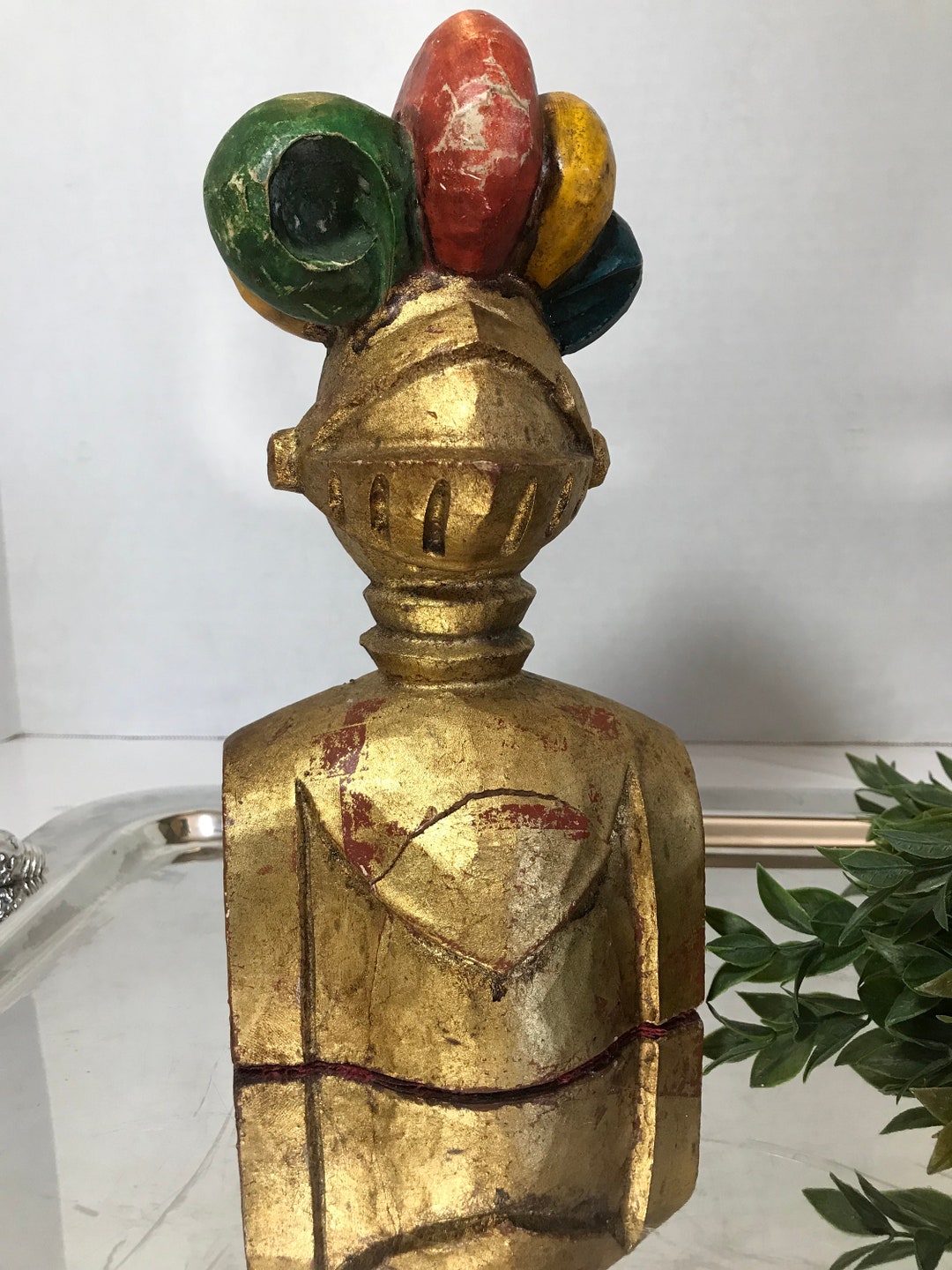 Vintage Carved Wood Knight Statue, Vintage Hand Painted Wooden Gold ...