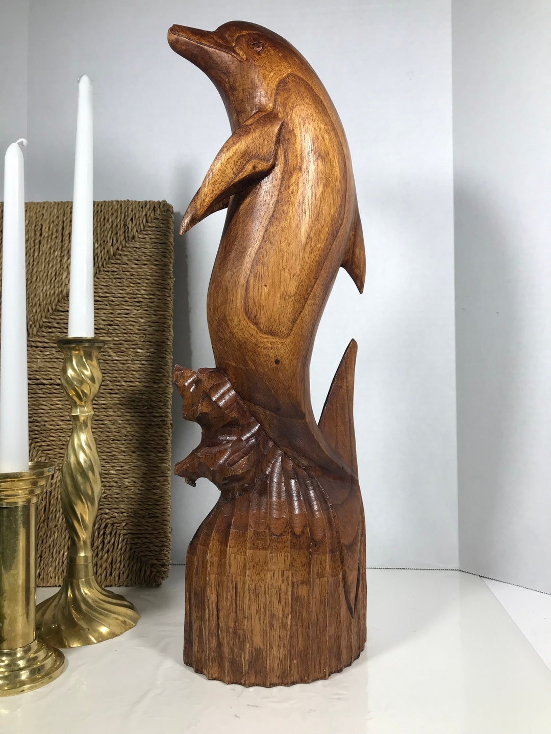 Vintage Dolphin Statue, Hand Carved Wood Dolphin Sculpture, Wooden ...