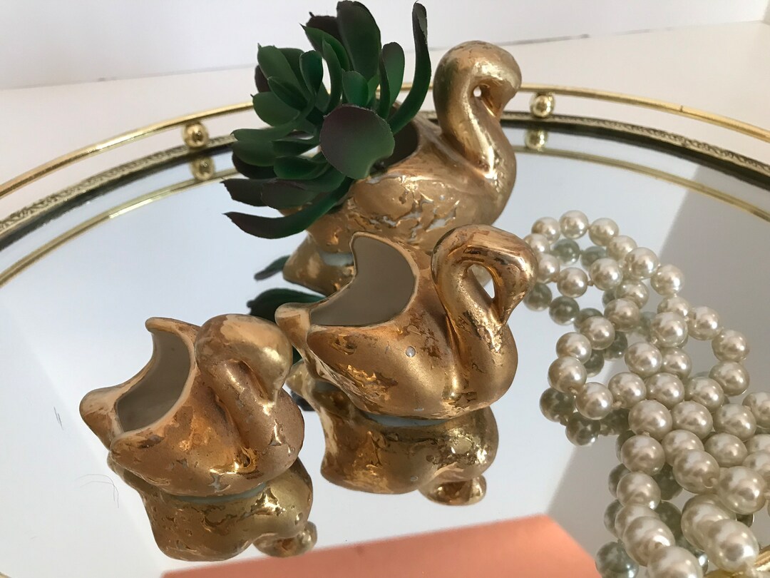Set of 3 Gold Swans, Holley Ross 22k Gold Swans Figurines, Gold Swan ...