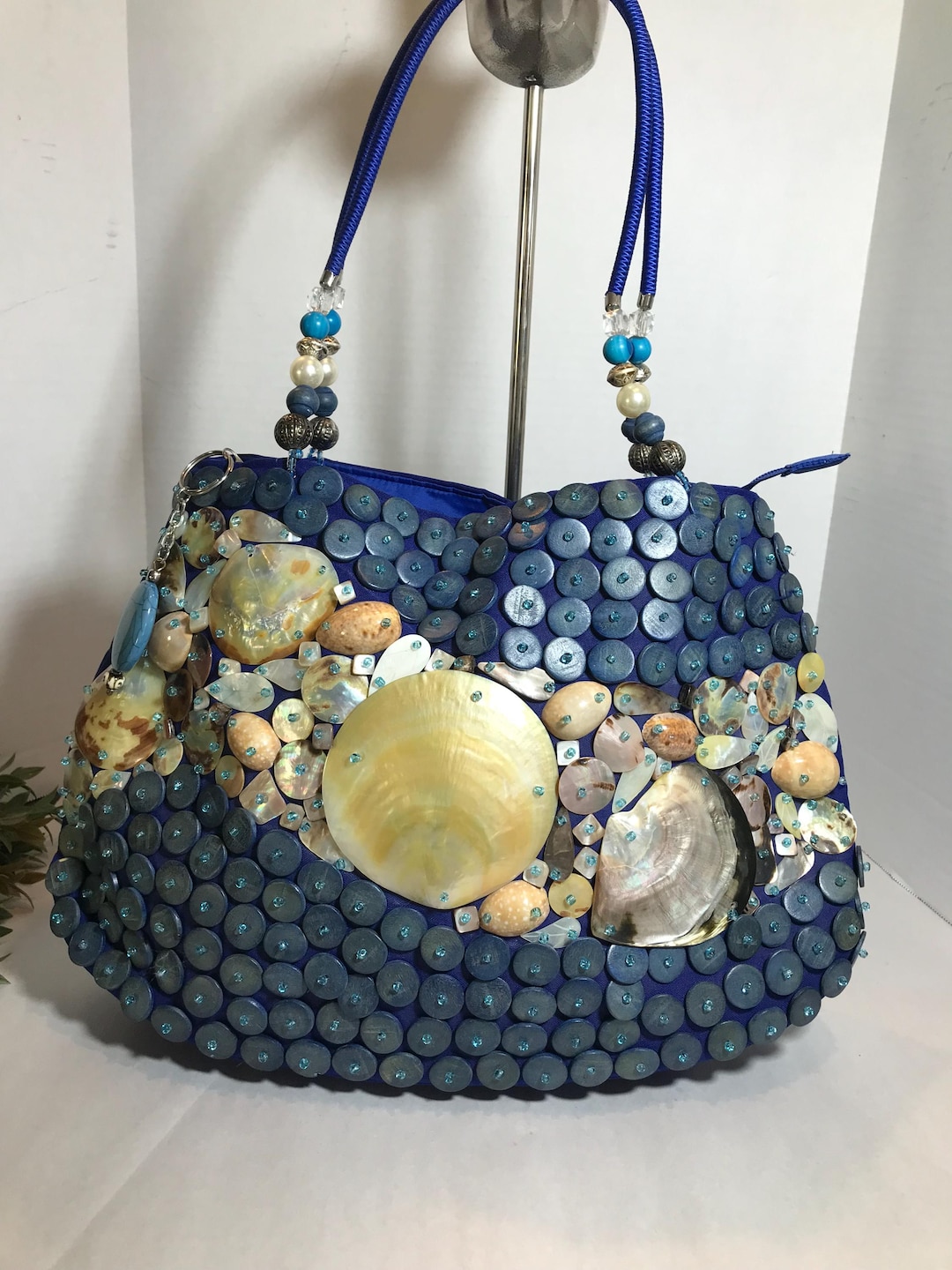 Vintage Seashell and Wooden Beaded Handbag Purse, Blue Fabric Tote ...
