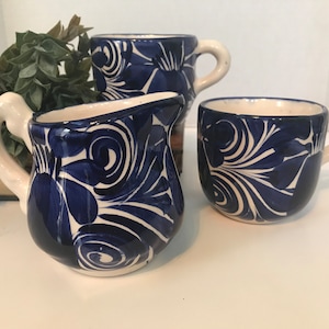 Vintage Anfora Pottery Coffee Cups and Creamer Blue and White Design ...