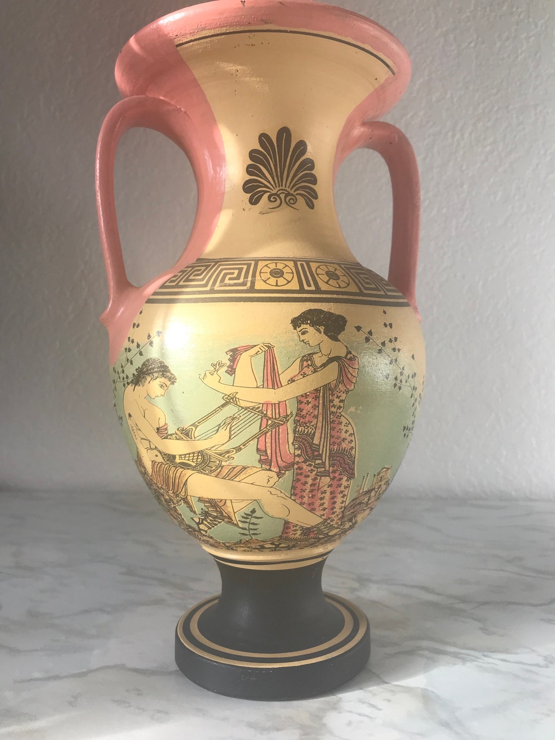 Vintage Ceramic Urn Style Vase With Handpainted Grecian Design, Vintage Pottery Pink Painted ...