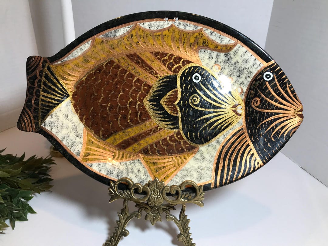 Vintage Hand Painted Terracotta Pottery Fish Platter, Whimsical Fish ...