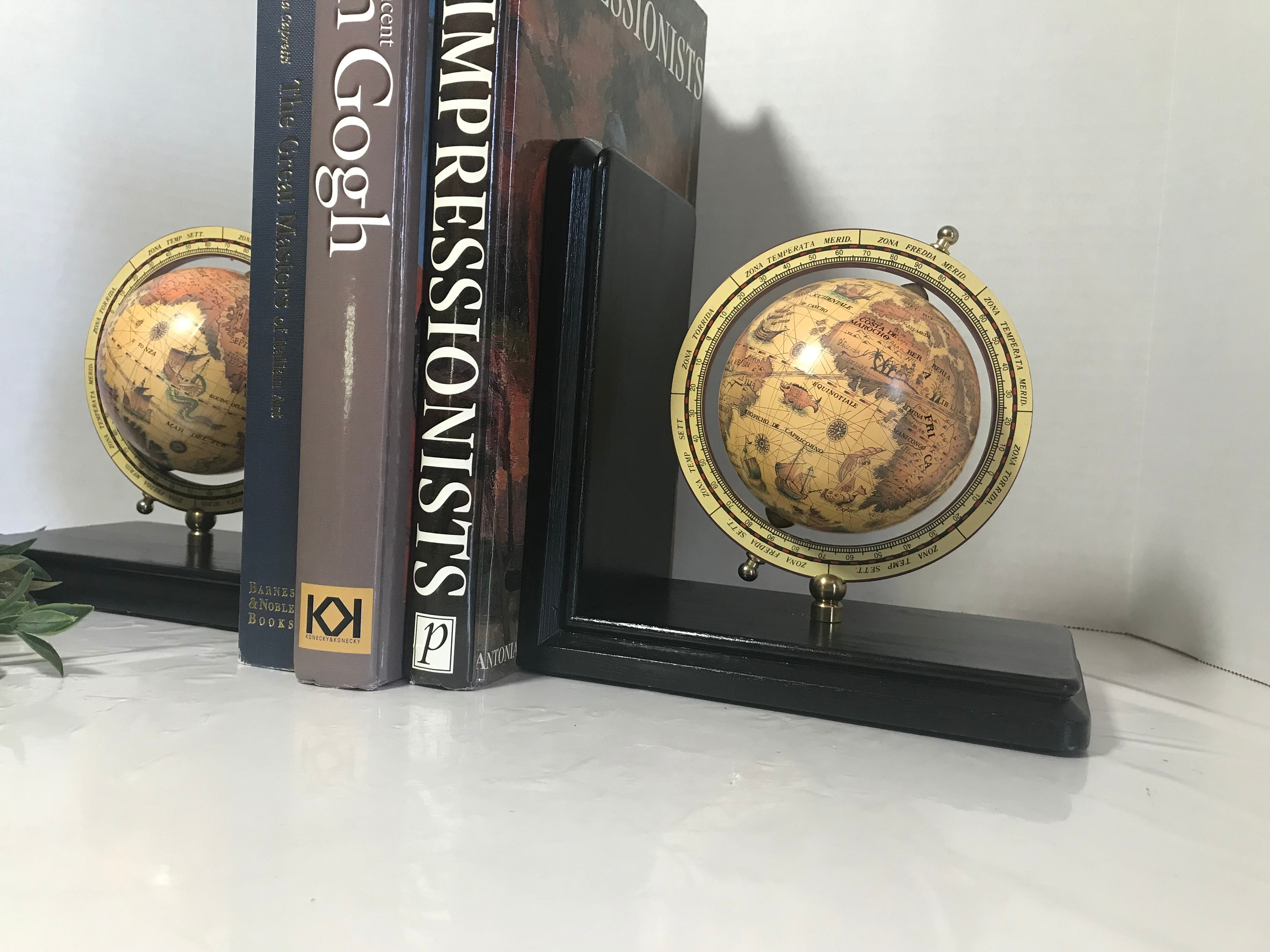 Vintage 1980s Globe and Wood Bookends, Vtg Painted Wood and Miniature ...