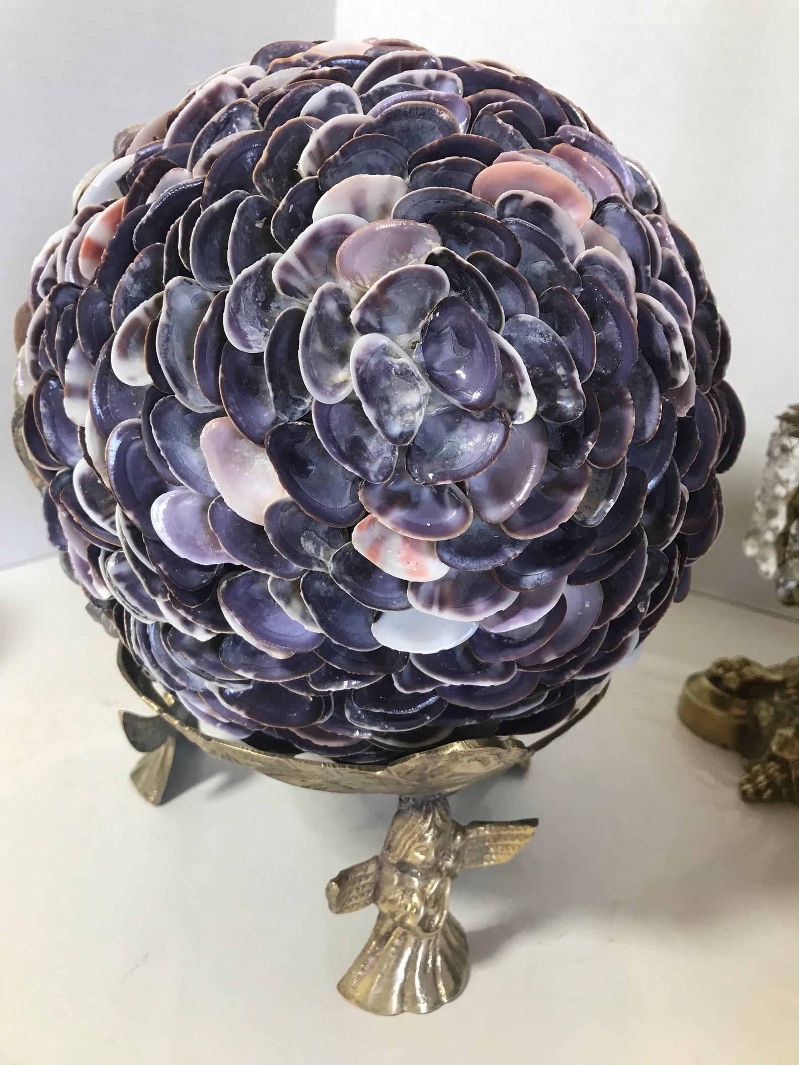 Vintage Shell Decorative Ball on Brass Stand, Vtg Handmade Purple ...