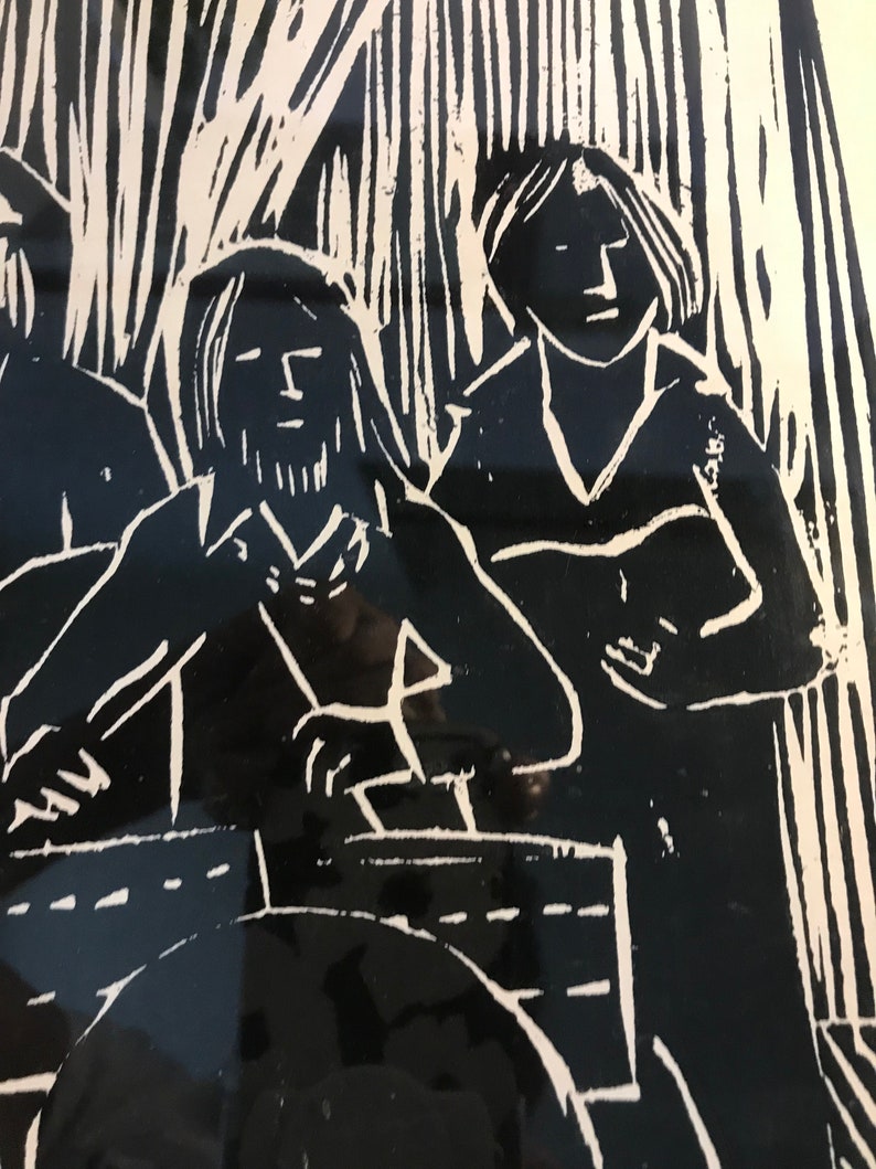 Vintage Band Art, Vintage Black White Musician Art, Vtg Linocut Black ...