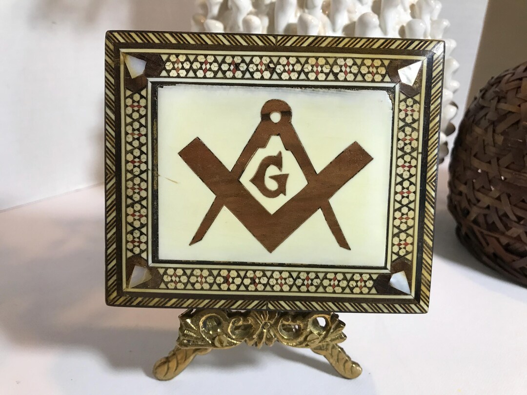 Vintage Masonic Inlaid Hinged Trinket Box, Antique Marquetry Wooden ...