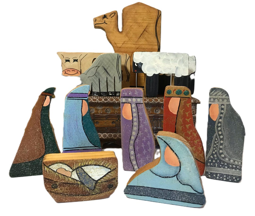 Vintage Wood Block Nativity Set, Vtg Hand Painted Block Style Nativity ...