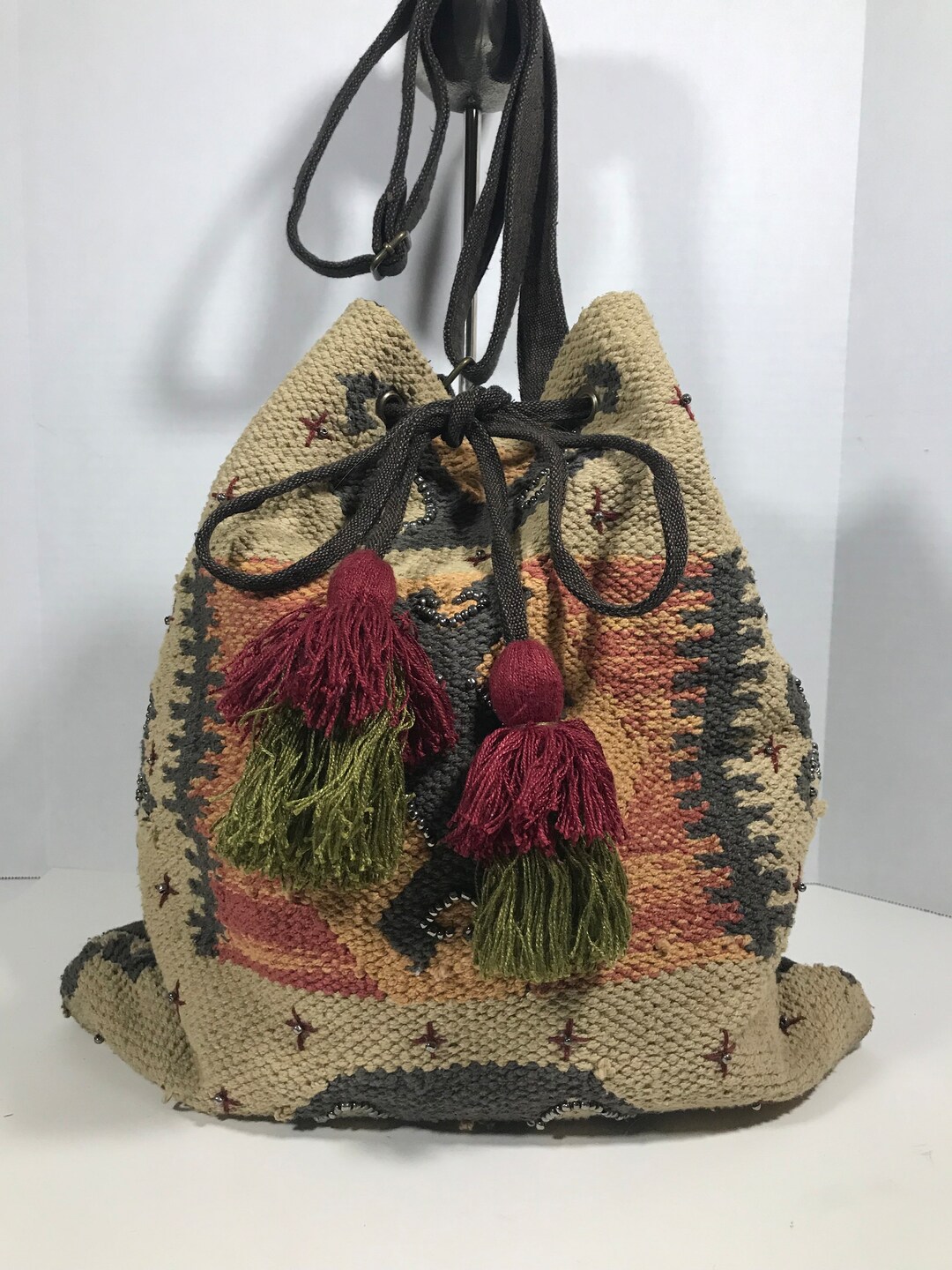 Vintage Kilim Bag, Tribal Print Kilim Woven Handbag Purse With Beaded ...