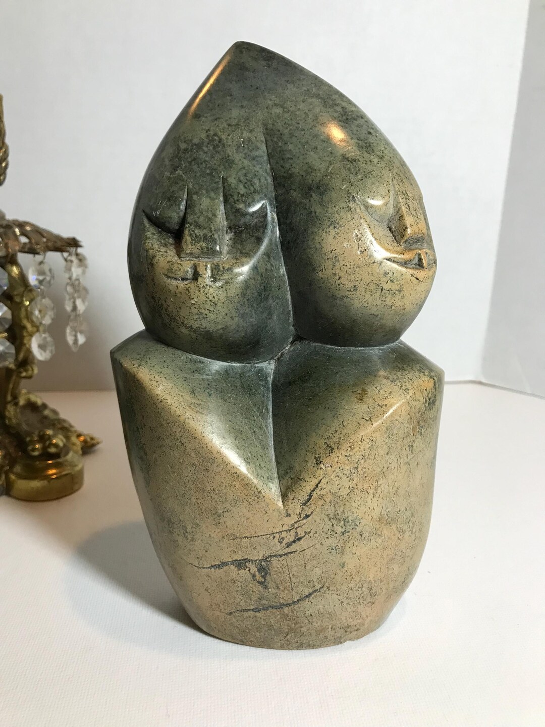 Vintage Carved Stone Two Faces Statue, Modernist Two Face Stone Statue ...