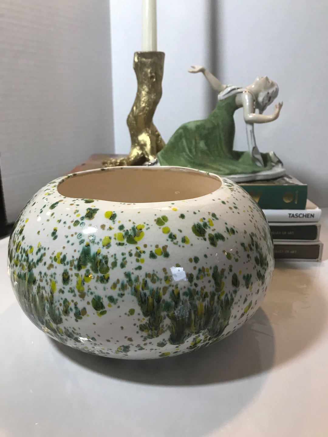 Modern Ceramic Splatter Vase, Modern Green Round Planter Vase, Vintage ...