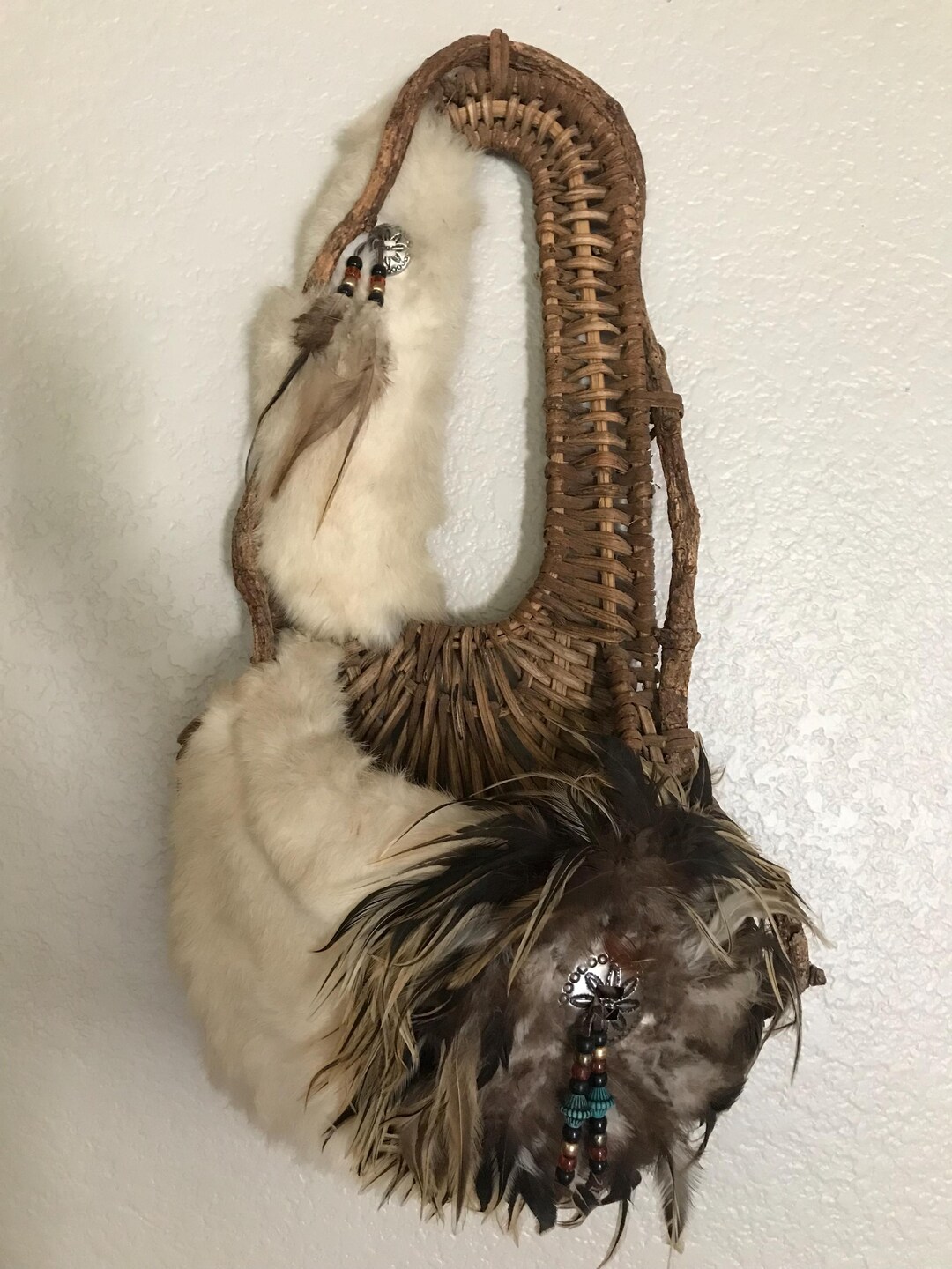 Vintage Native American 25" Wood, Wicker, Fur, Feather Unique Wall Art ...