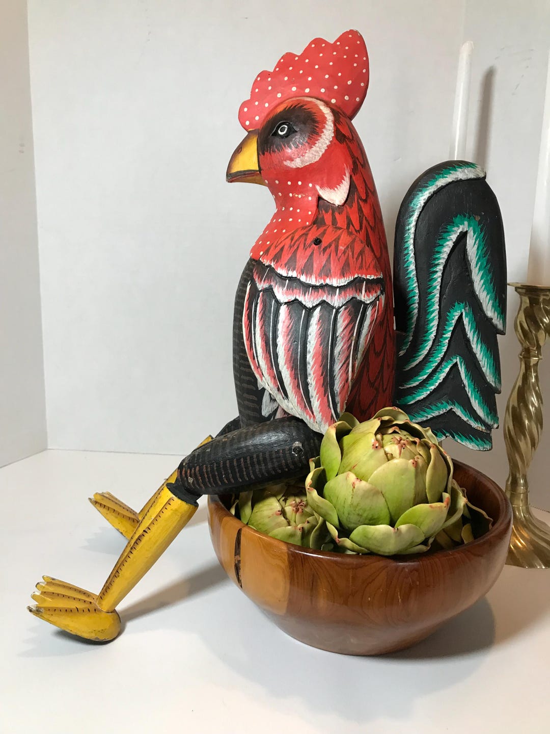 Vintage Wood Rooster Statue, Vintage Colorful Wooden Moveable Rooster ...