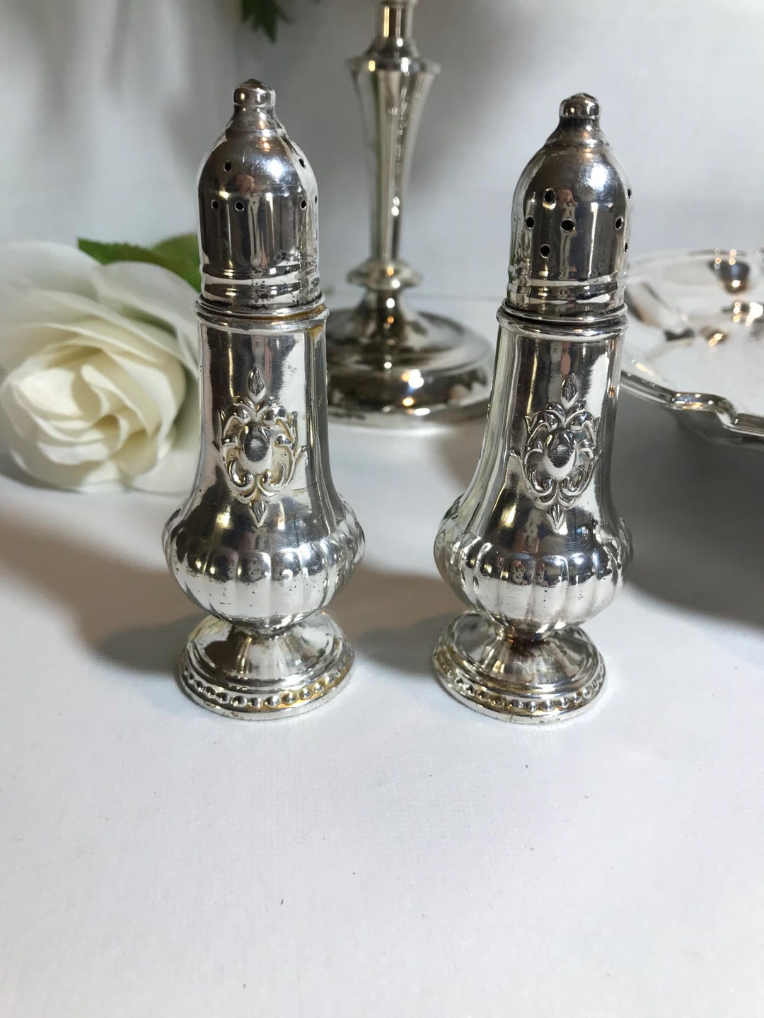 Vintage Elegant Silverplate Salt and Pepper Set, Vtg Silverplate Footed ...