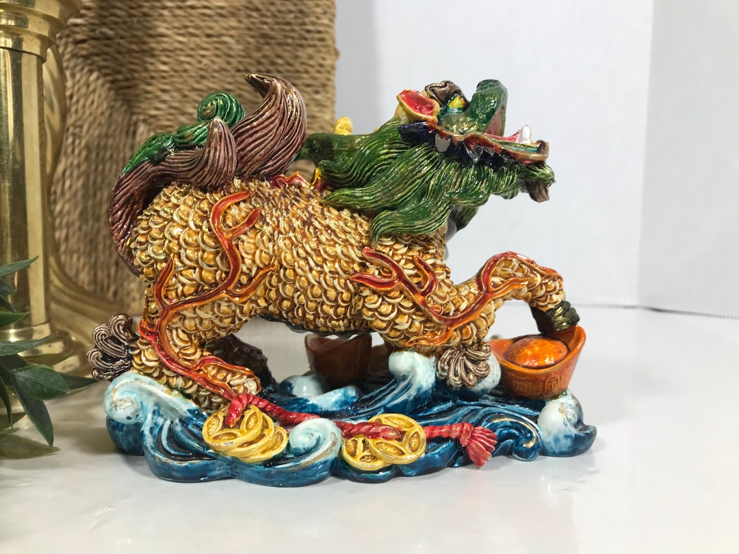 Vintage Dragon Figurine Sculpture, Chinese Dragon Sculpture, Colorful ...