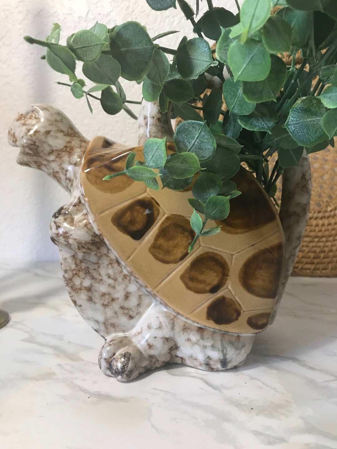 Vintage Pottery Ceramic Speckled Brown Turtle Planter Pitcher, Vintage ...