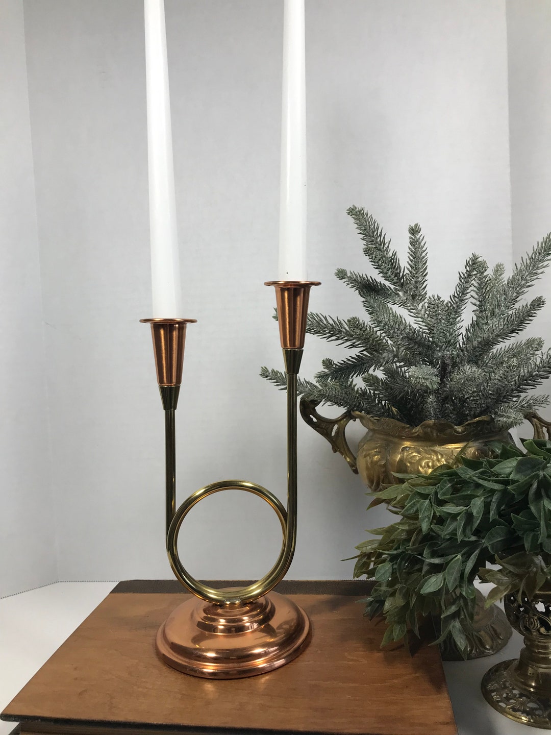 Vintage Copper and Brass Candle Holder, Vintage Double Arm Brass and ...