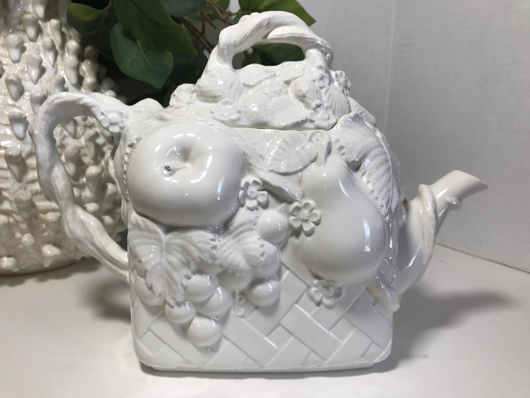 Vintage Majolica White Ceramic Teapot, Signed, Vintage Cabbageware ...